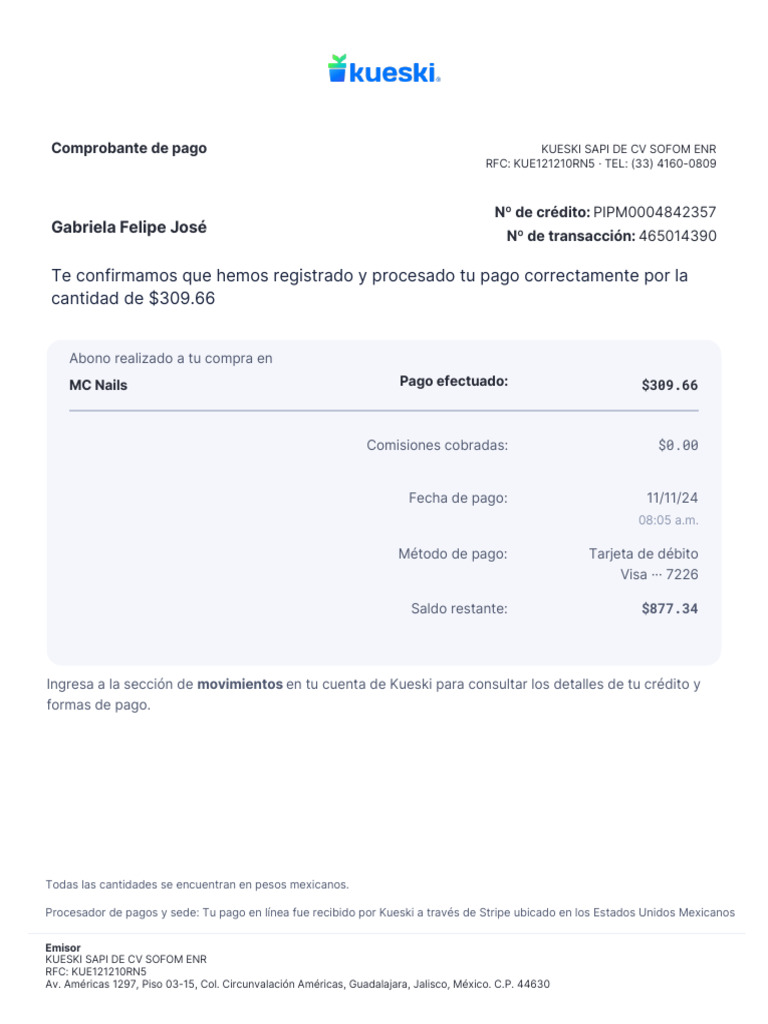 Confirmación de Pago Kueski $309.66 | PDF