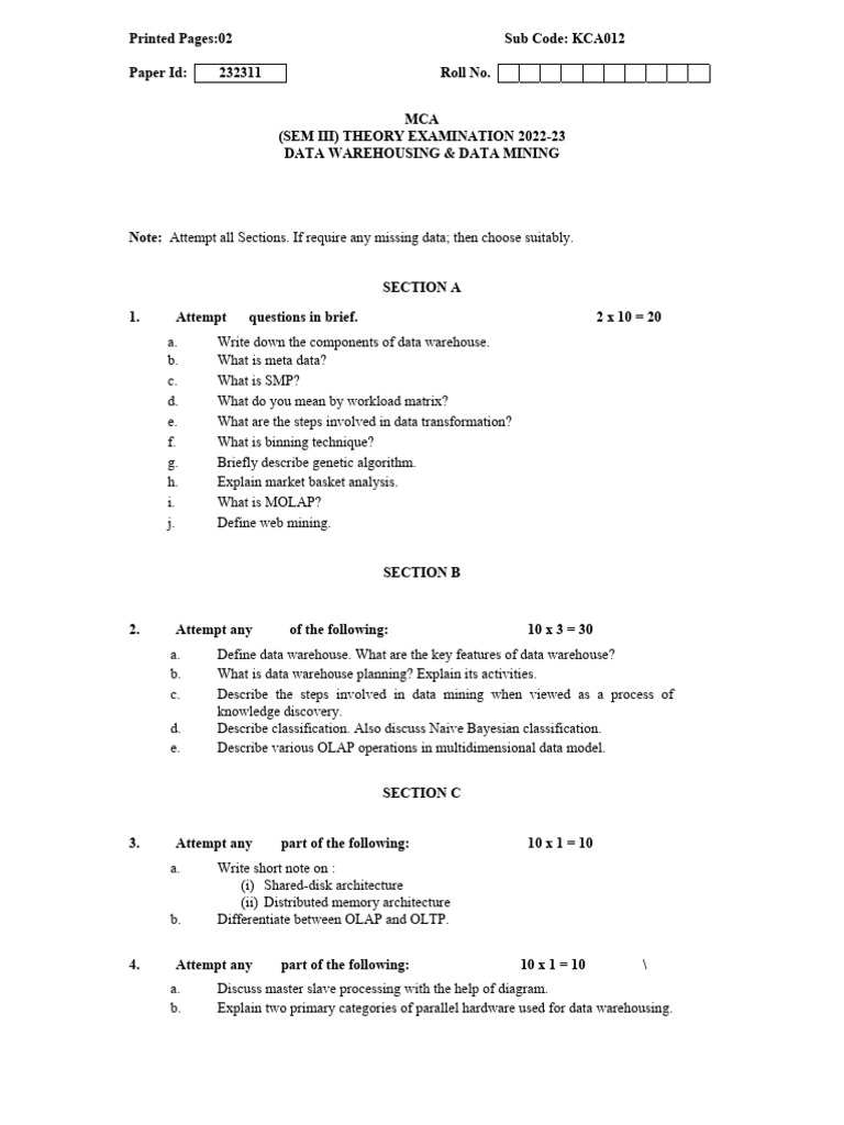 MCA3 Data Warehousing Exam Paper | PDF | Data Warehouse | Machine Learning