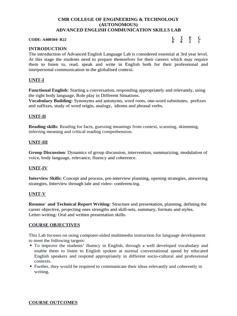 AECS SYLLABUS R22 | PDF | English Language | Communication
