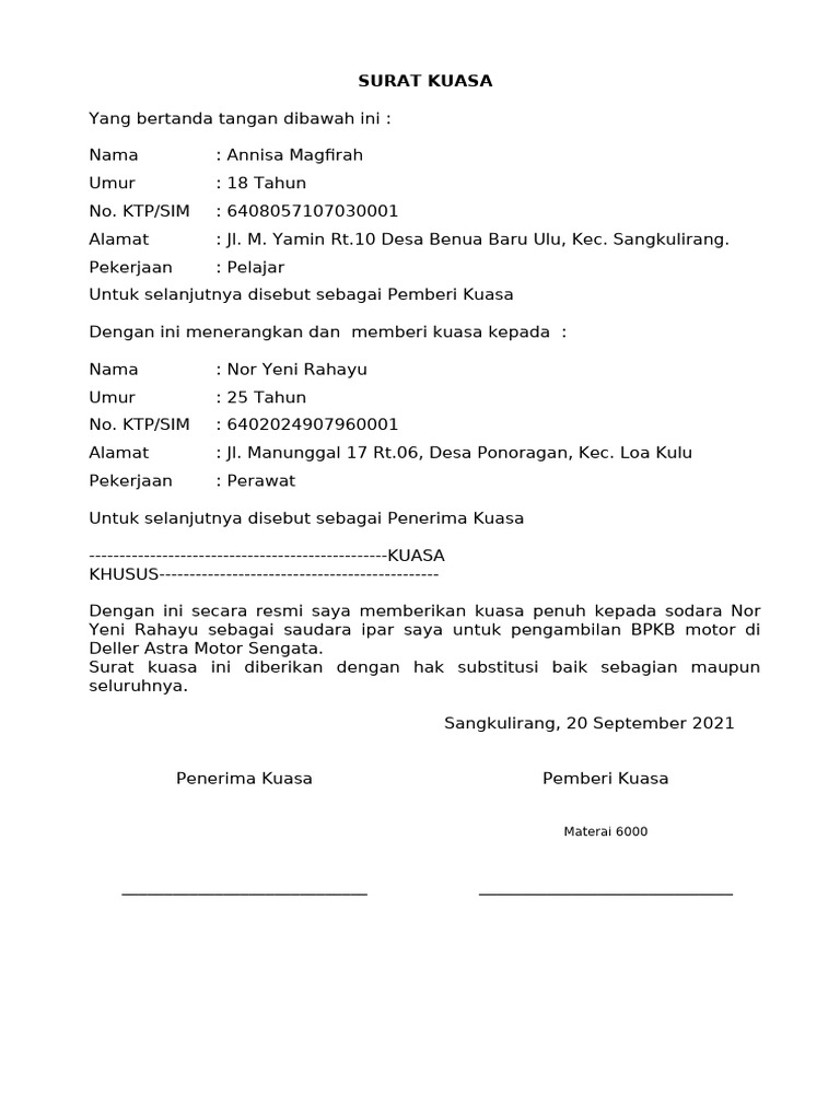 Surat Kuasa Motor | PDF