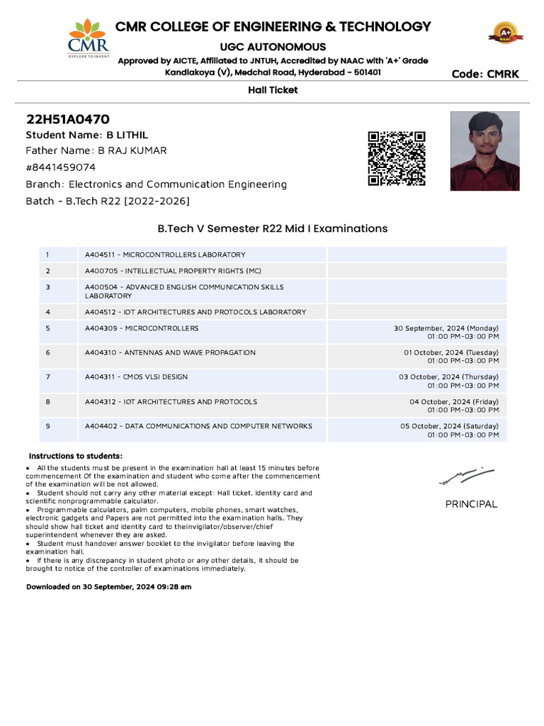 B.Tech V Semester Exam Hall Ticket | PDF | Computer Engineering ...