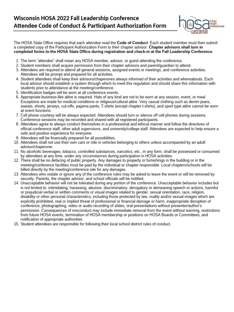 HOSA_FLC_2022_CodeOfConduct_Participant_Form | PDF | Clothing | Justice