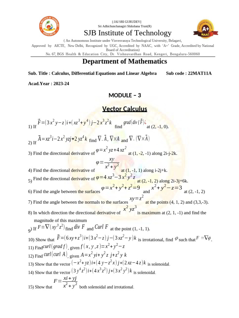 3. Vector Caculus QB for CSE | PDF | Linear Algebra | Algebra 3. Vector Caculus QB for CSE | PDF | Linear Algebra | Algebra