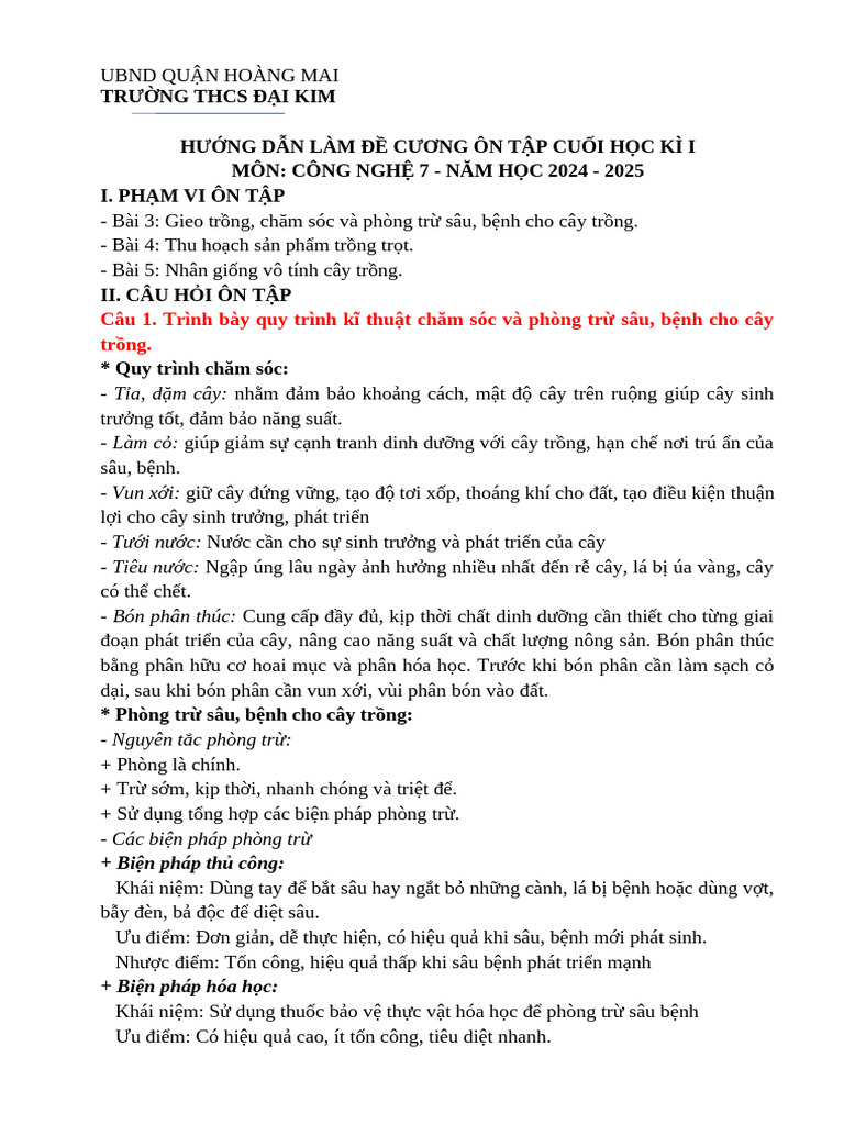 CN7. HƯỚNG DẪN ĐỀ CƯƠNG CUỐI HKI (24-25) | PDF