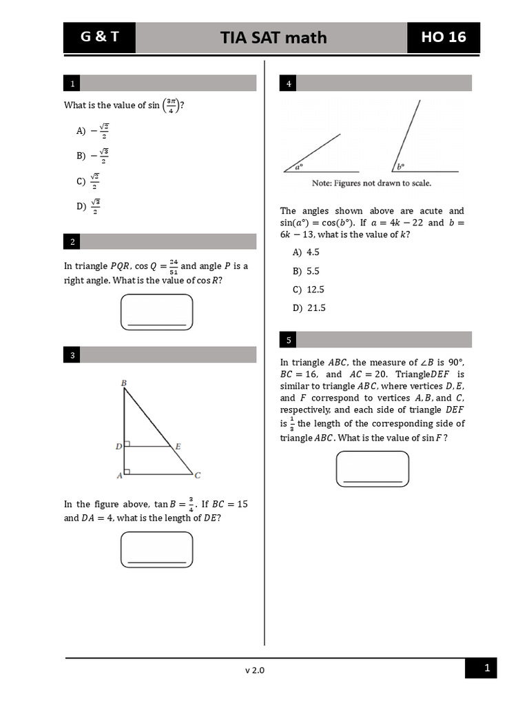 SAT Math Trigonometry Practice | PDF | Triangle | Elementary Mathematics