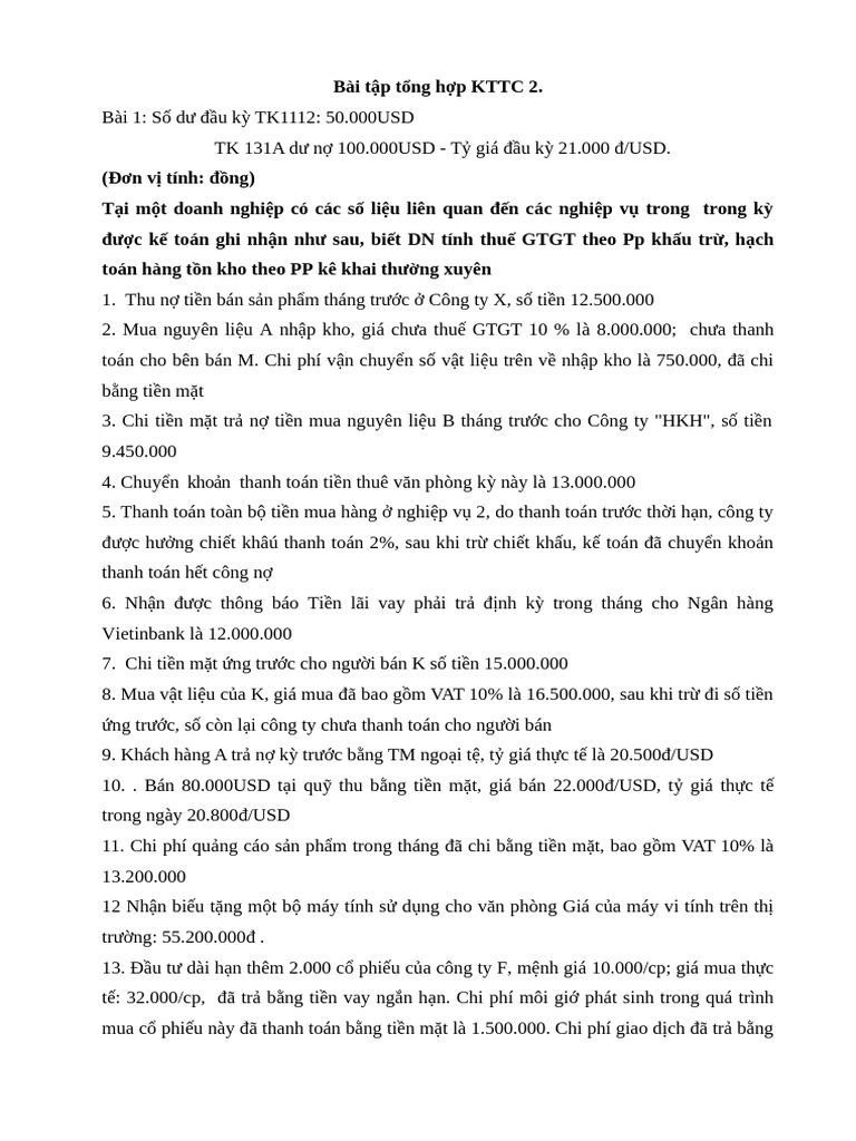 Bài tập tổng hợp KTTC 2 | PDF
