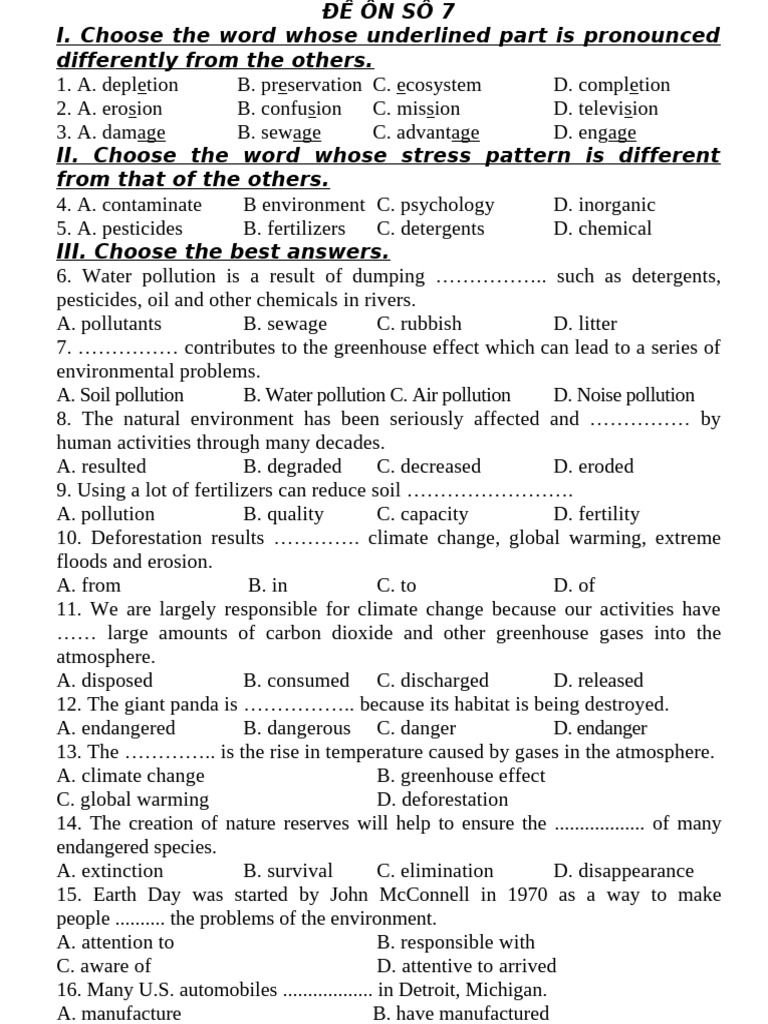 Environmental Vocabulary Quiz 7 | PDF | Pollution | Climate Change