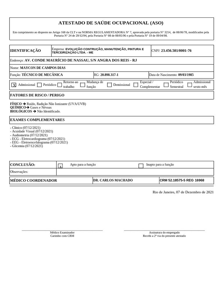 Modelo de ASO - NR 07 | PDF