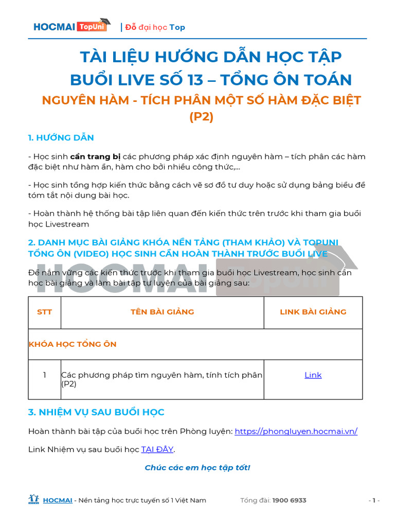 TopUni_Buoi_13_Nguyen_ham_tich_phan_mot_so_ham_dac_biet_P2_HDHT | PDF