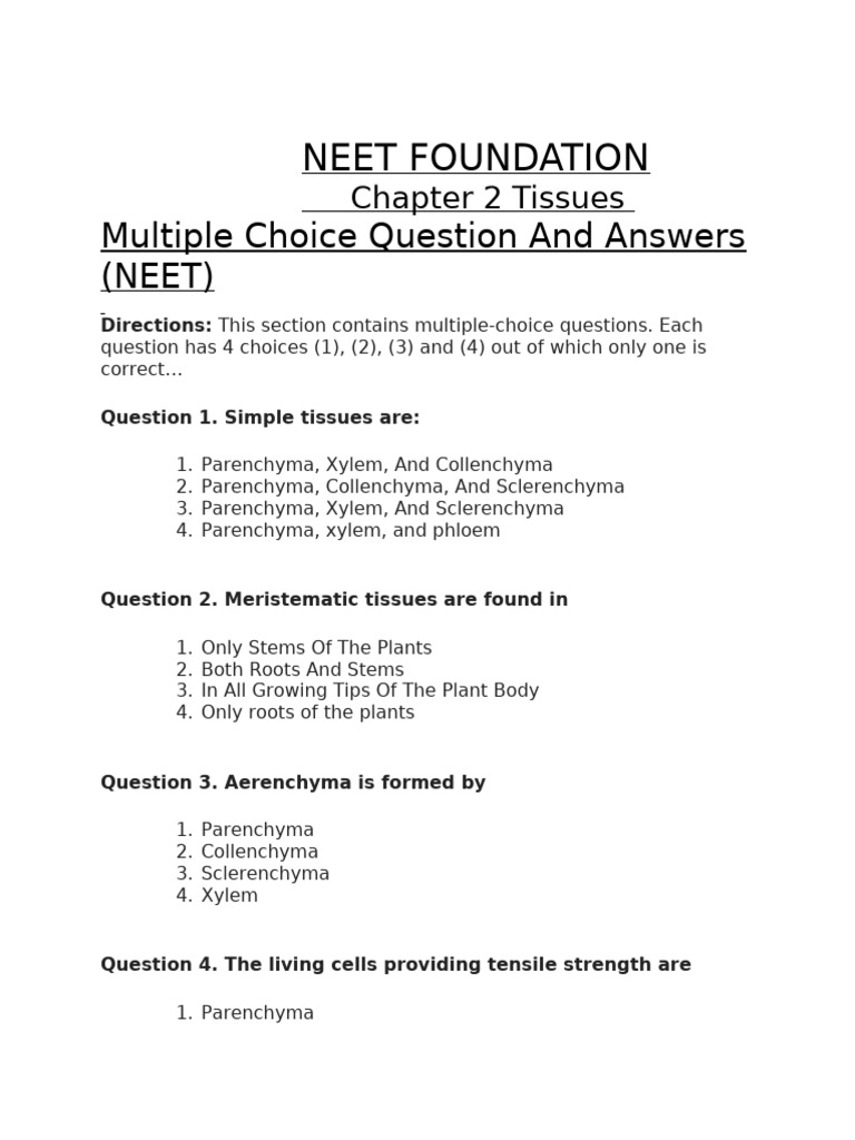 NEET FOUNDATION (Neet Worksheet) Level I Grade 9 | PDF | Tissue ...