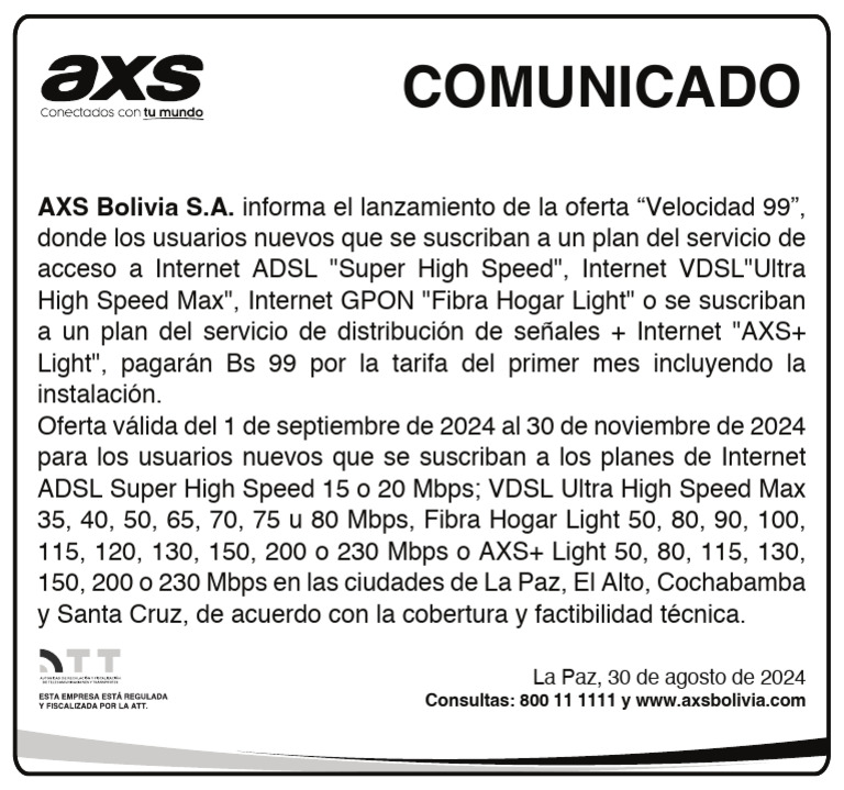 Lanzamiento Oferta Internet AXS Bolivia | PDF