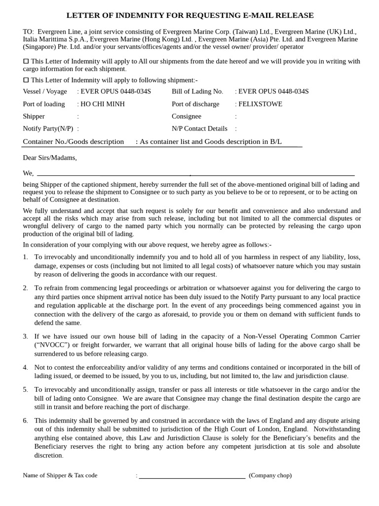 Loi Surrender of Evergreen | PDF | Cargo | Bill Of Lading