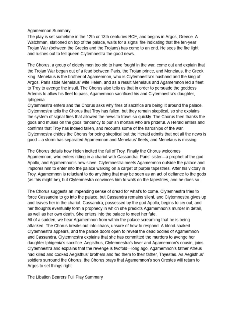 Orestria summary | PDF | Agamemnon | Clytemnestra