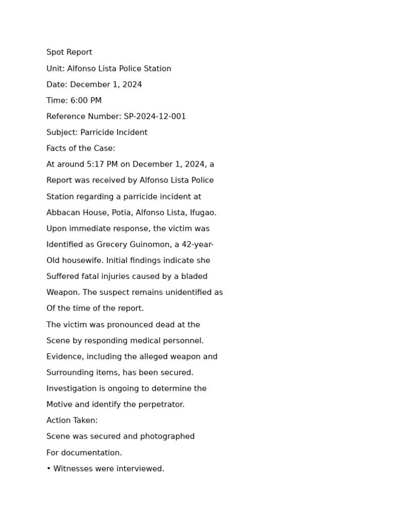 spot report | PDF | Forensic Science | Crime Scene