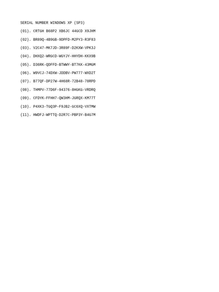 Windows XP SP3 Serial Numbers List | PDF