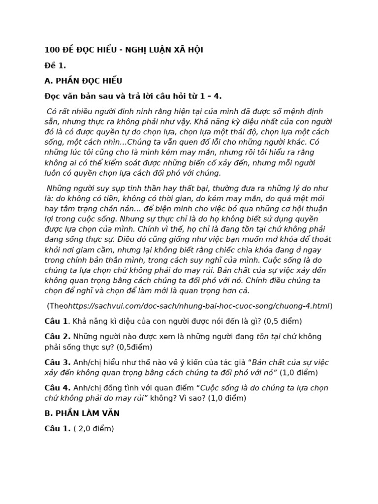 3 Đề Trong Tập 100 Đề Đọc Hiểu Nlxh | PDF