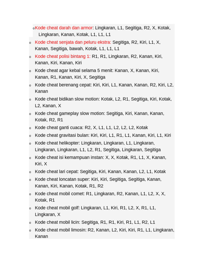Kode Cheat Darah Dan Armor | PDF