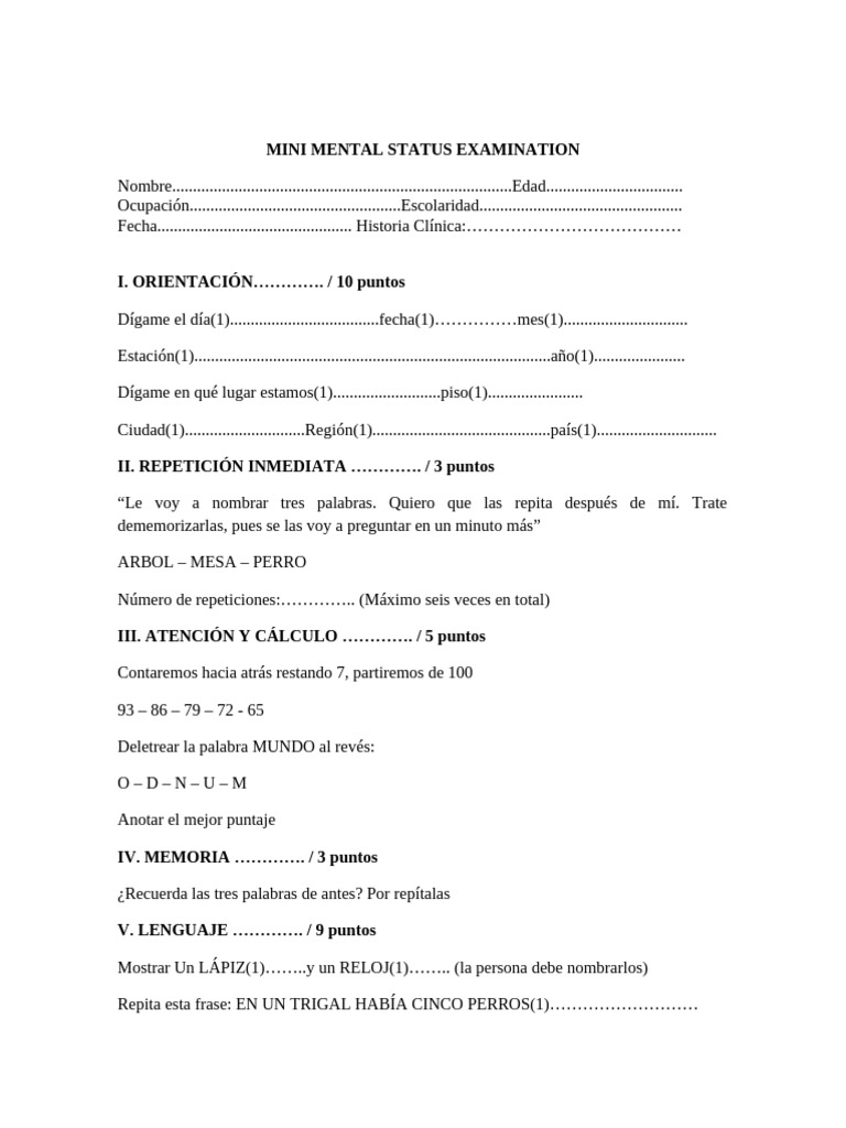 Mini Mental Status Examination | PDF