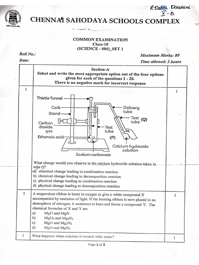Chennai Sahodaya Class X Science | PDF | Magnesium | Carbon