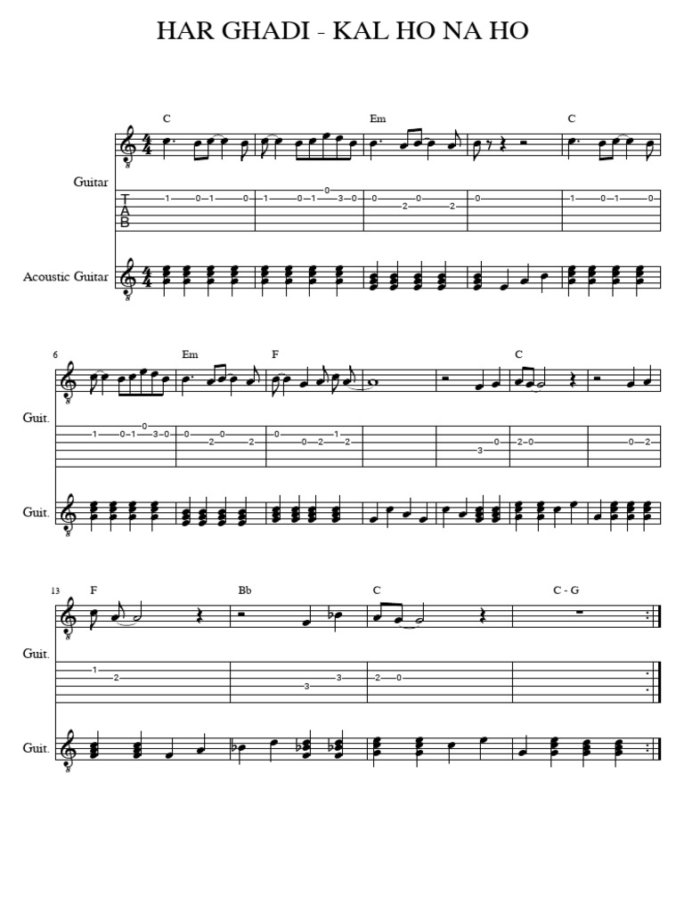Har Ghadi Kal Ho Na Ho Tabs Chord Chart | PDF | Guitar Family ...