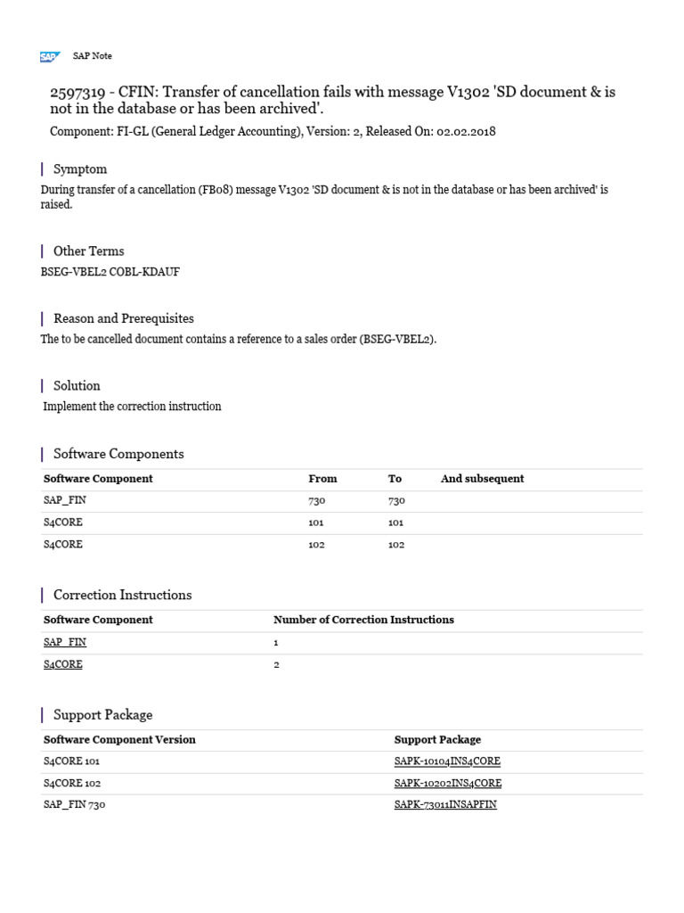 SAP Note 2597319 | PDF