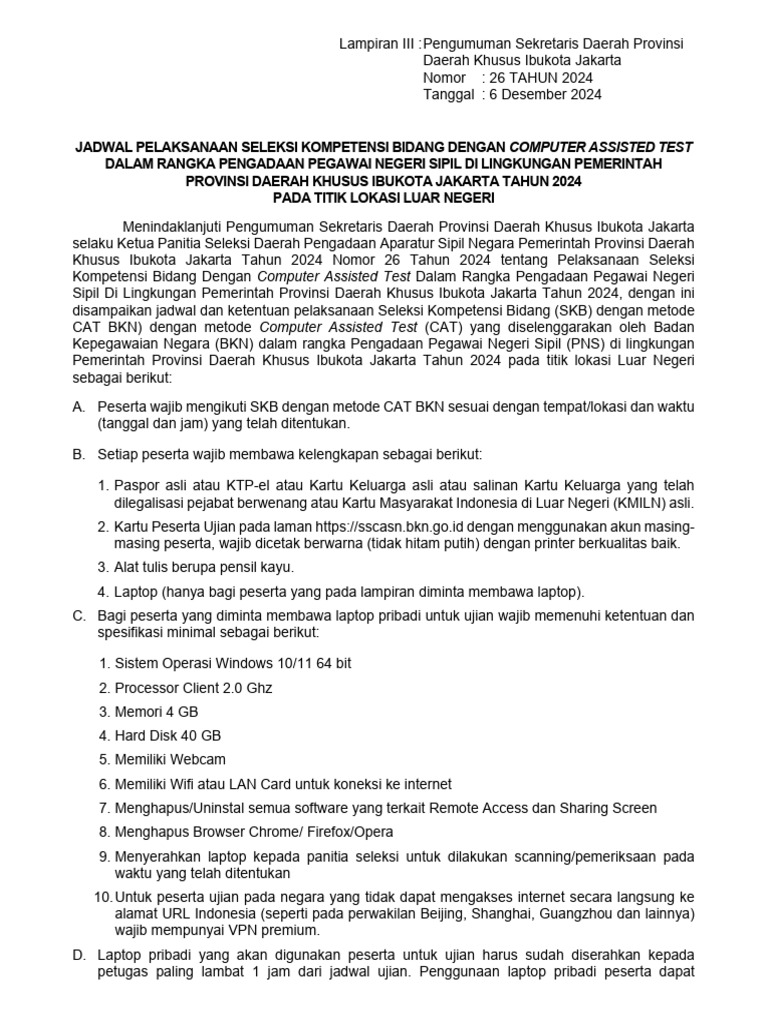 2024 12 13 - Pelaksanaan SKB CAT Pengadaan PNS Pemprov DKI Jakarta Tahun 2024 Tilok Luar Negeri ...