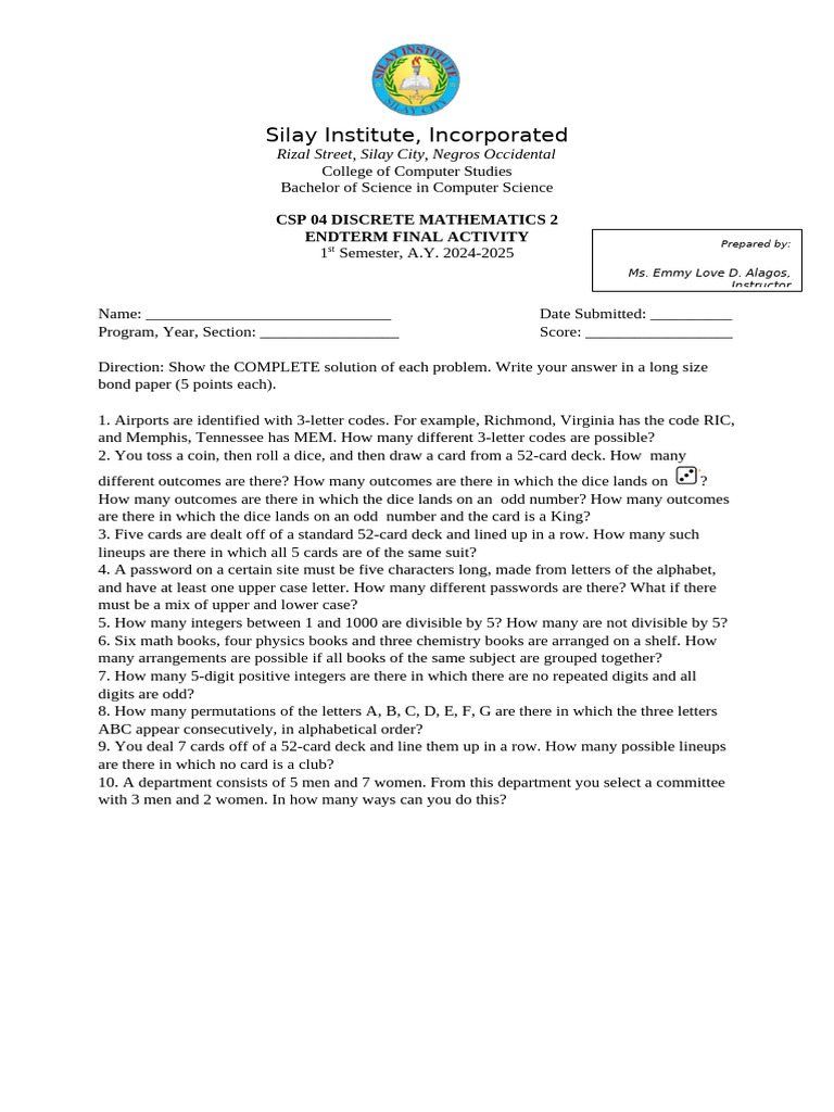 Endterm Final Activity Pdf Mathematics