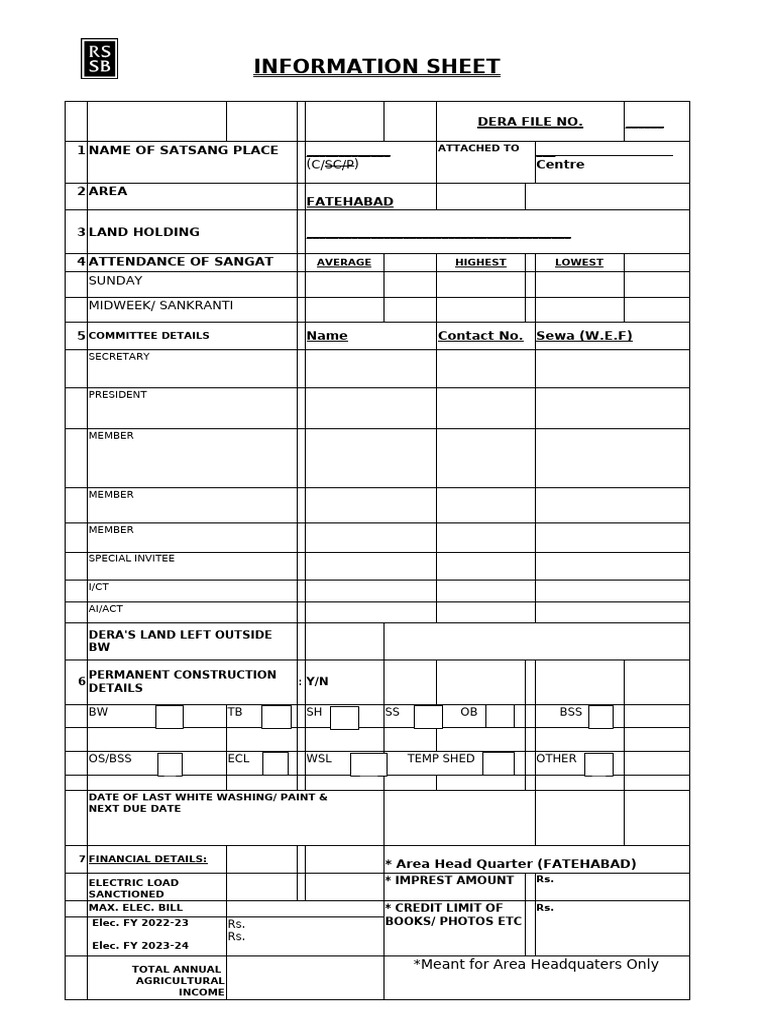 Sample Information Sheet Fatehabad Area | PDF