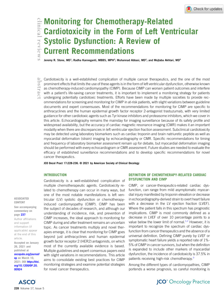 Stone Et Al 2021 Monitoring For Chemotherapy Related Cardiotoxicity in ...