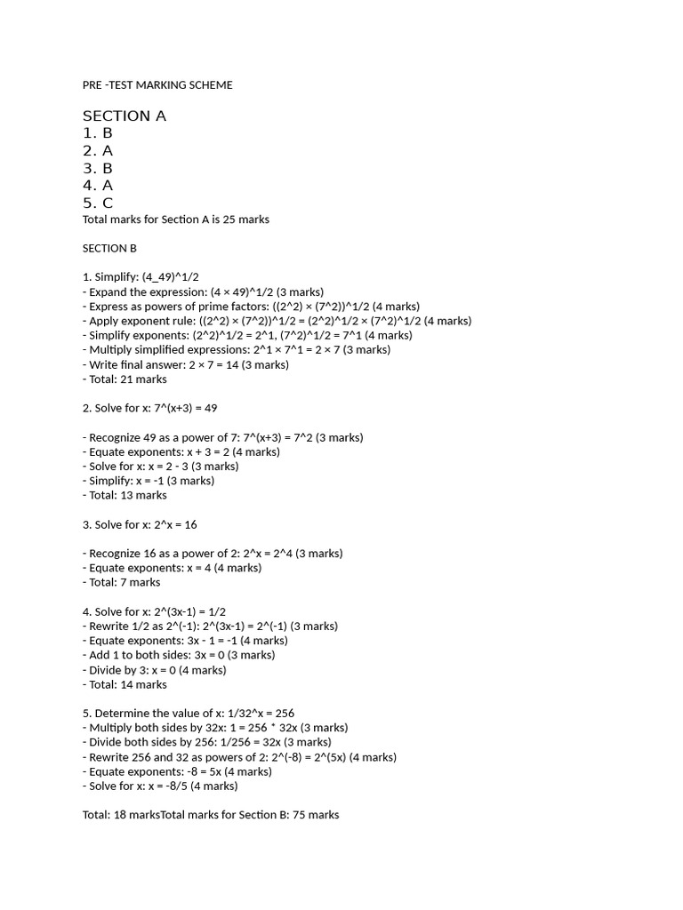 Pre Test Marking Scheme | PDF