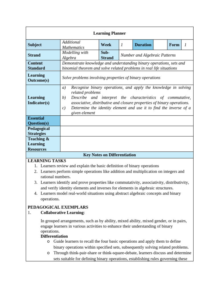 Addtional Mathematics Learning Planner Template - MAIN | PDF | Function ...