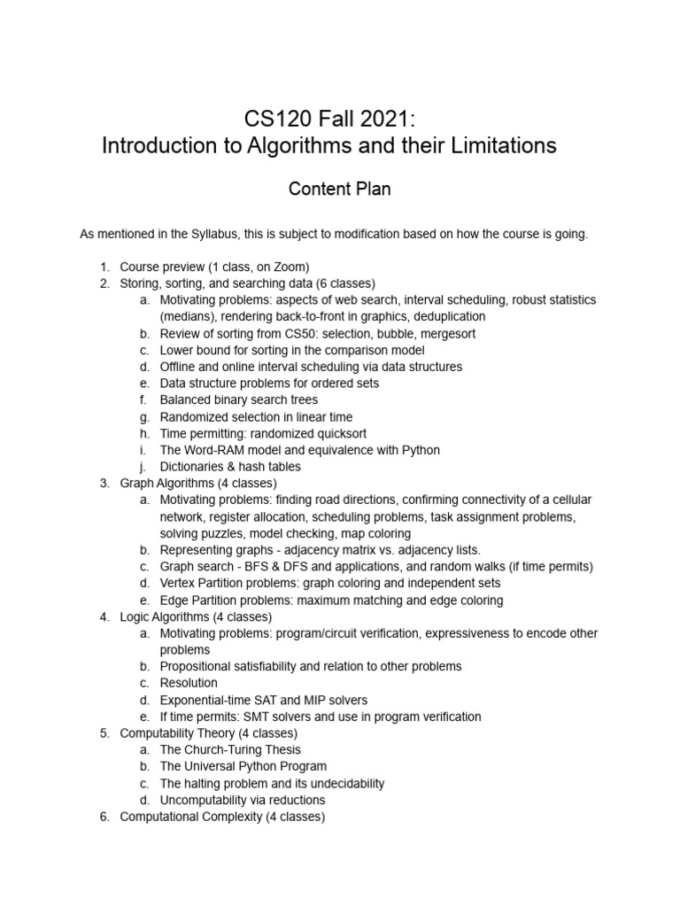 cs120 Fall2021 Contentplan | PDF | Time Complexity | Combinatorics
