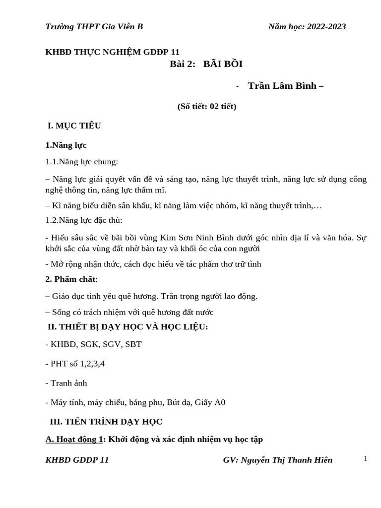 KHBD - Gdđp11 - Bài 2 - Bãi B I (Lâm Bình) | PDF