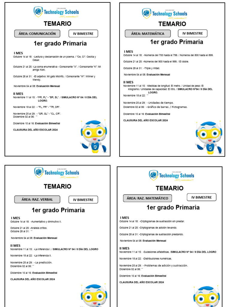 Temario IV Bimestre 1er Grado Primaria | PDF | Academia
