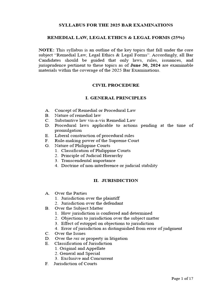 2025 Bar Exam Remedial Law Syllabus | PDF | Lawsuit | Appeal