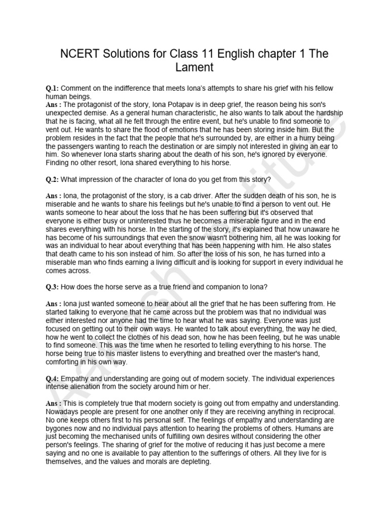 NCERT Solutions For Class 11 English Chapter 1 The Lament | PDF ...