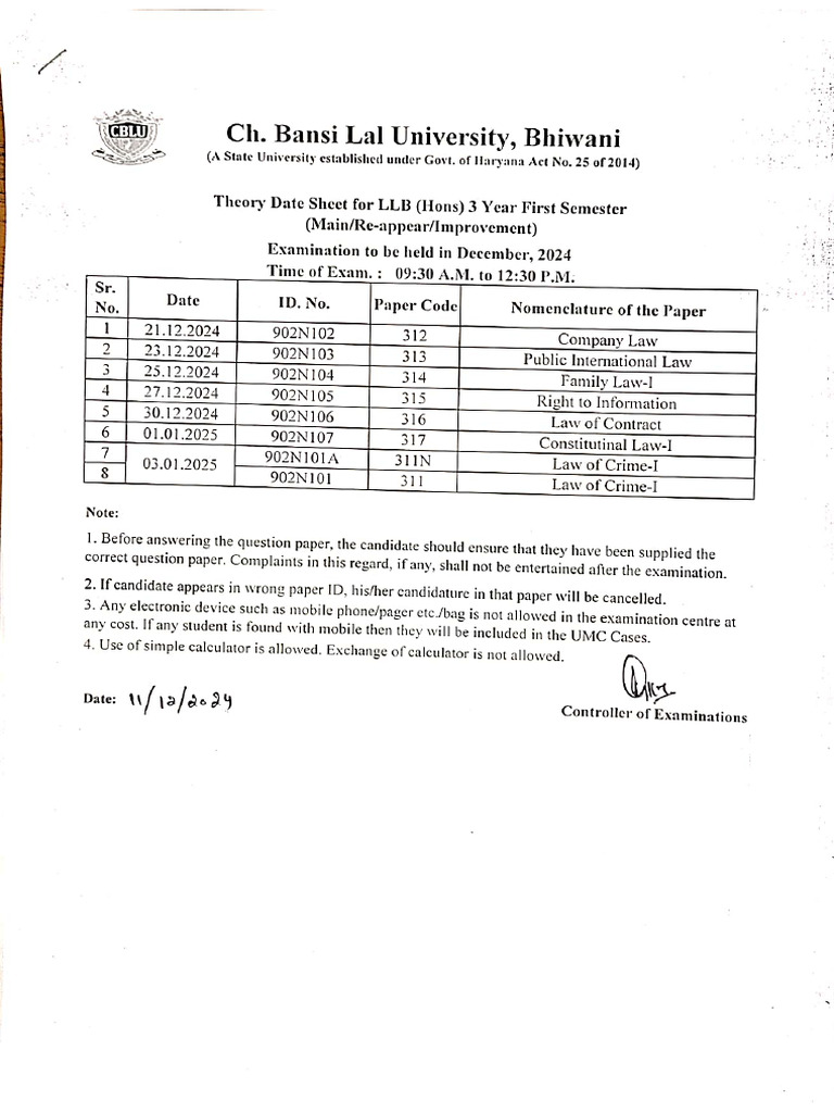 Datesheet LL.B. 1st Sem. Examination | PDF