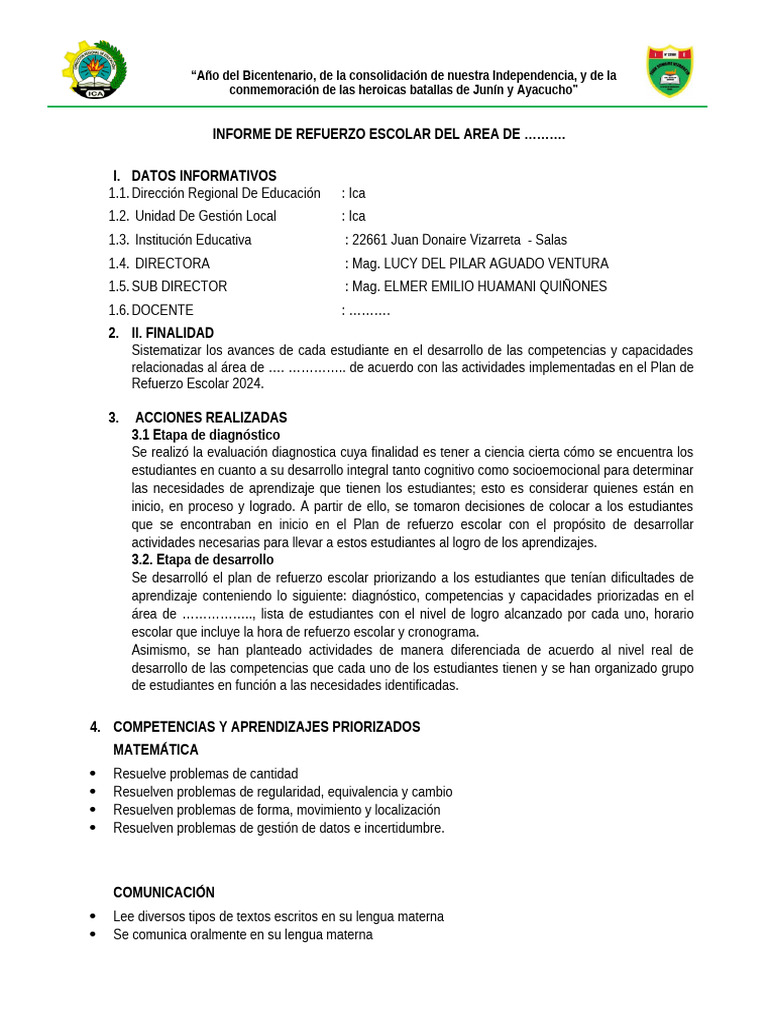 INFORME DE REFUERZO ESCOLAR - Validado | PDF | Evaluación | Cognición