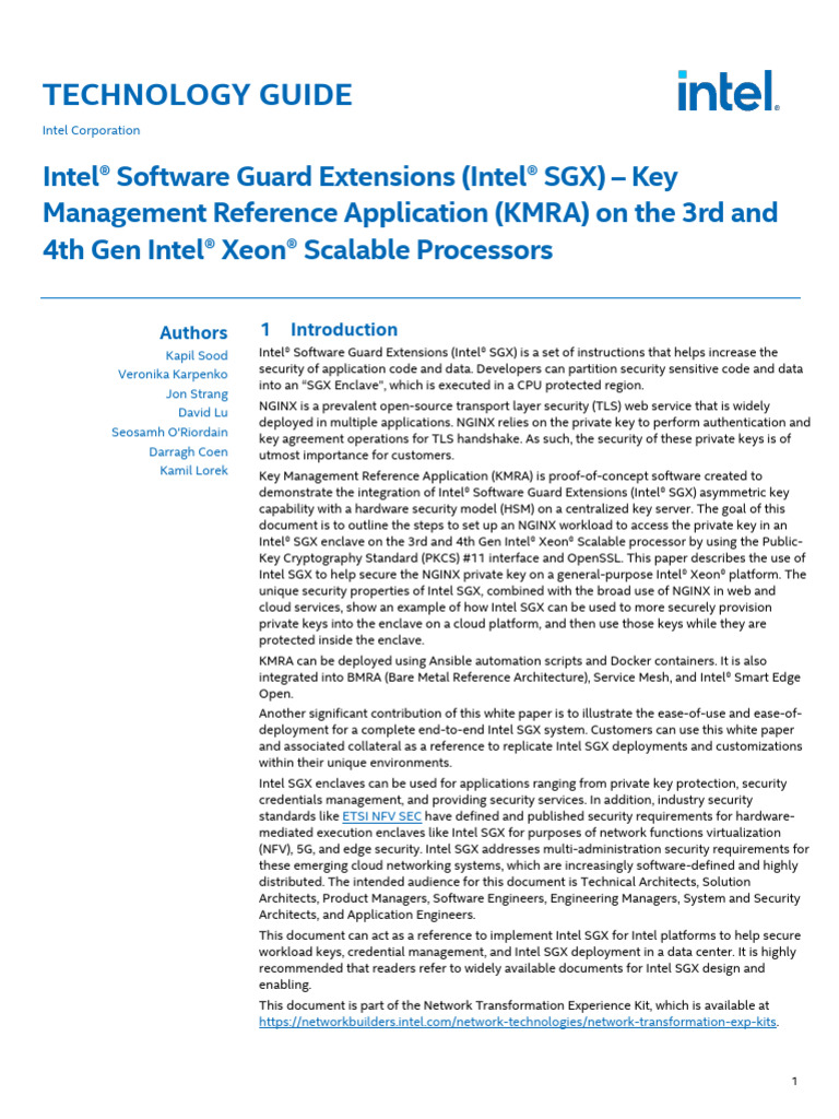 Intel Software Guard Extensions Intel Sgx Key Management Reference Application Kmra on Intel ...