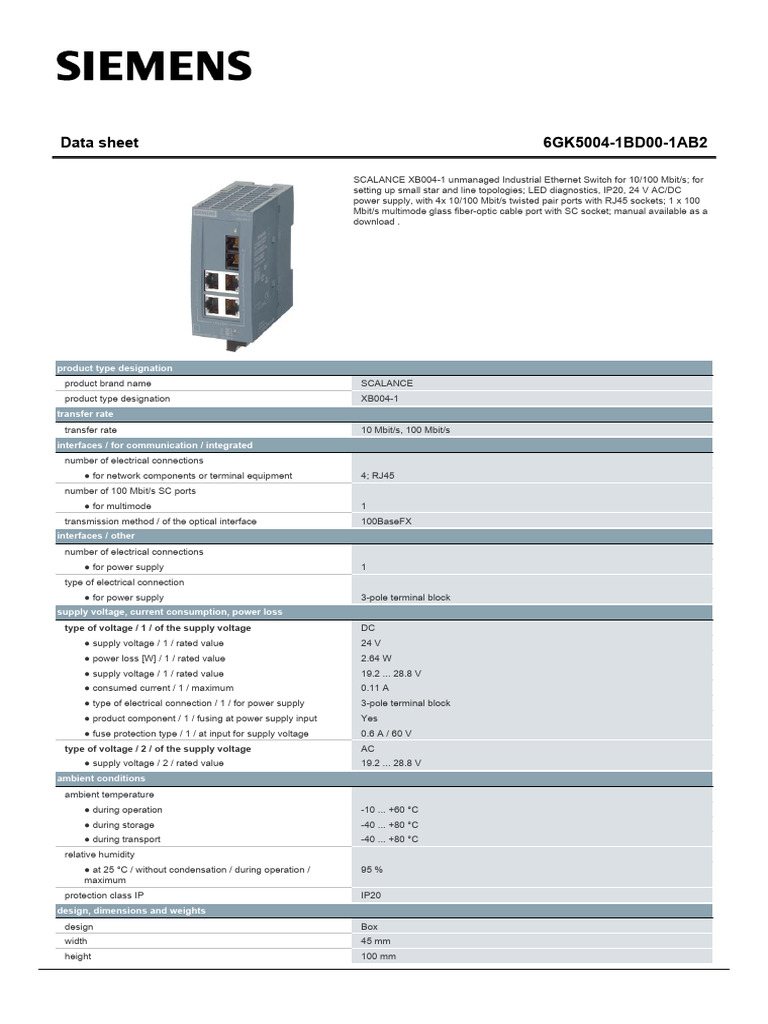 SCALANCE XB004-1 Ethernet Switch Data Sheet | PDF | Power Supply ...