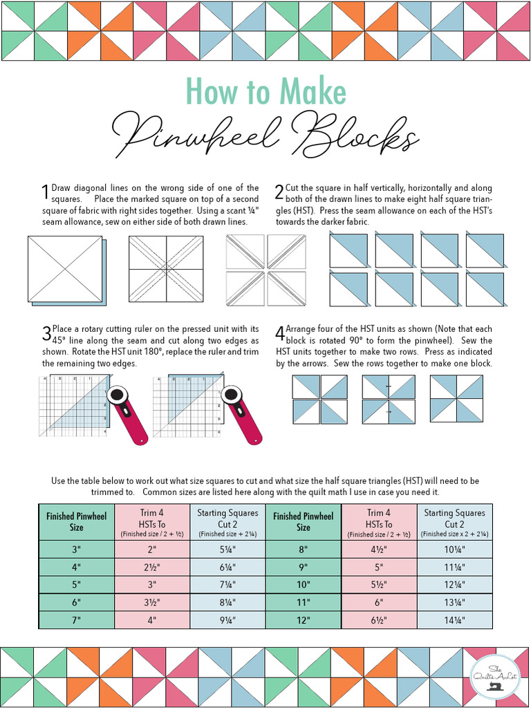 Pinwheel Block Cheat Sheet | PDF | Seam (Sewing) | Sewing