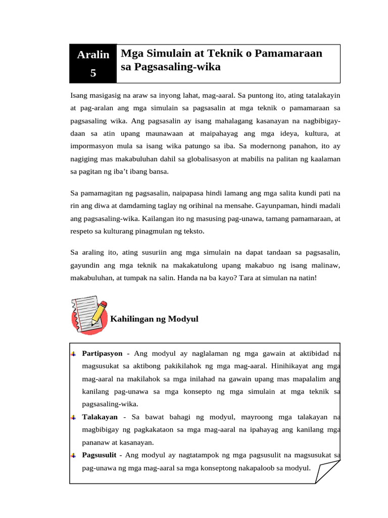 Fil 108 Mga Simulain at Teknik Sa Pagsasalingwika 5 Amegables Module | PDF