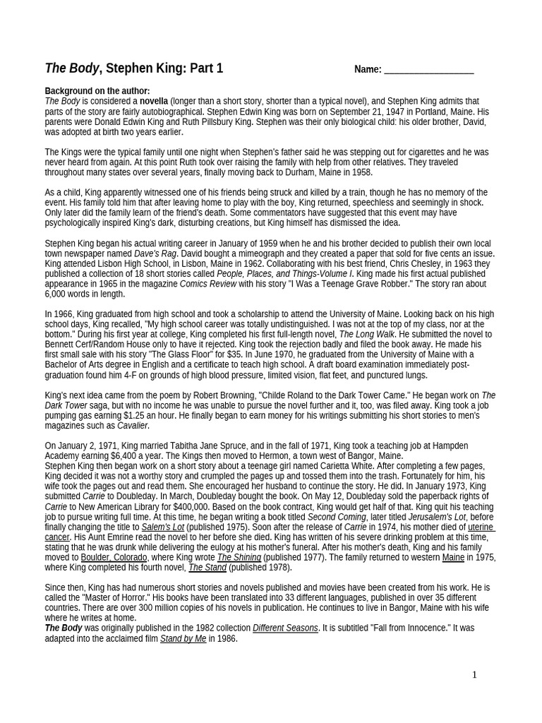 10 The Body Novel Guide Part 1 Teacher | PDF | Irony | Stephen King