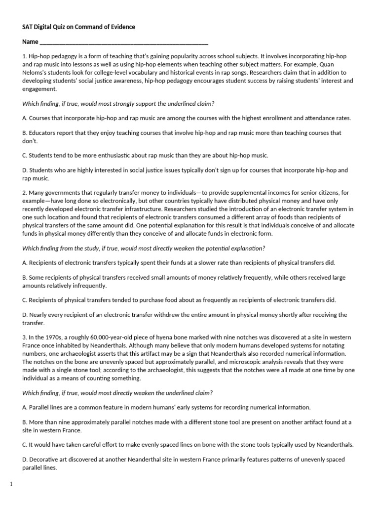 SAT Digital Quiz: Command of Evidence | PDF | Anger | Sense And Sensibility