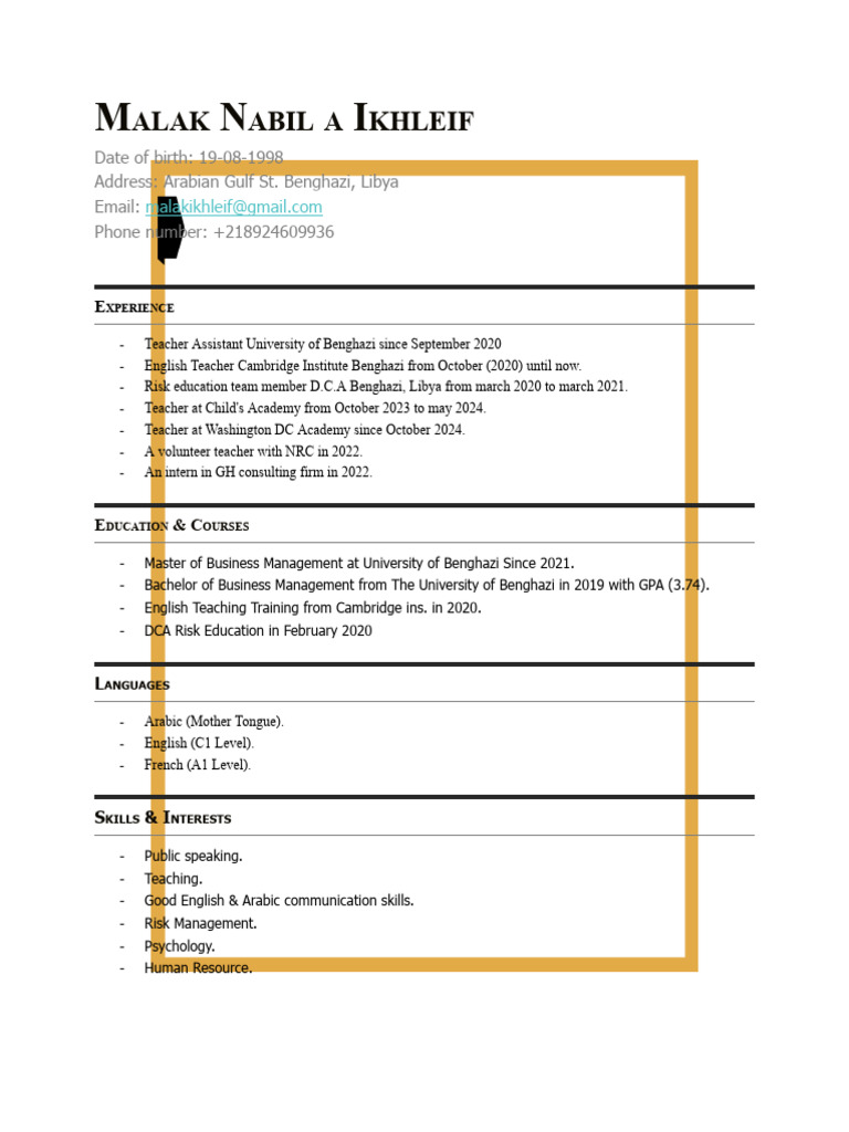 Malak Nabil Ikhleif: Teaching & Management Profile | PDF