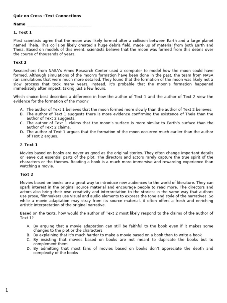Cross-Text Connection Quiz | PDF | Giant Impact Hypothesis | Moon