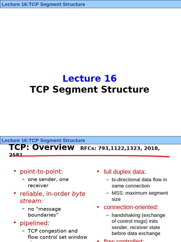 Lecture 16 Tcp Segment Structure Pdf Transmission Control Protocol Network Architecture