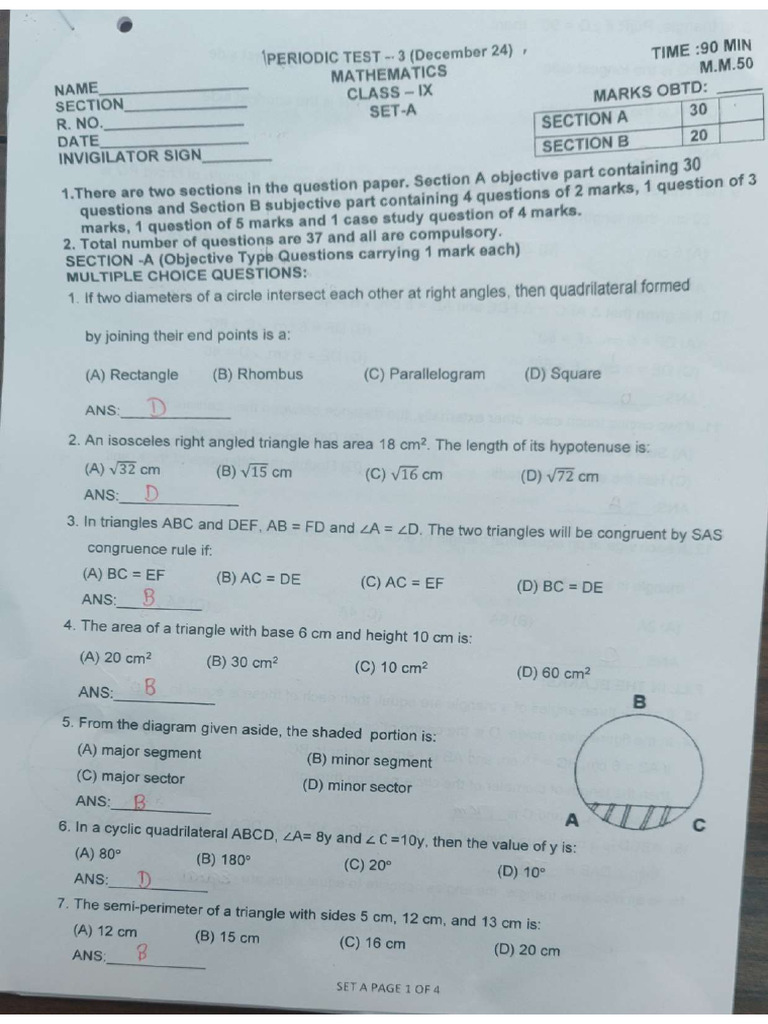 Set A maths pt3 answer key | PDF