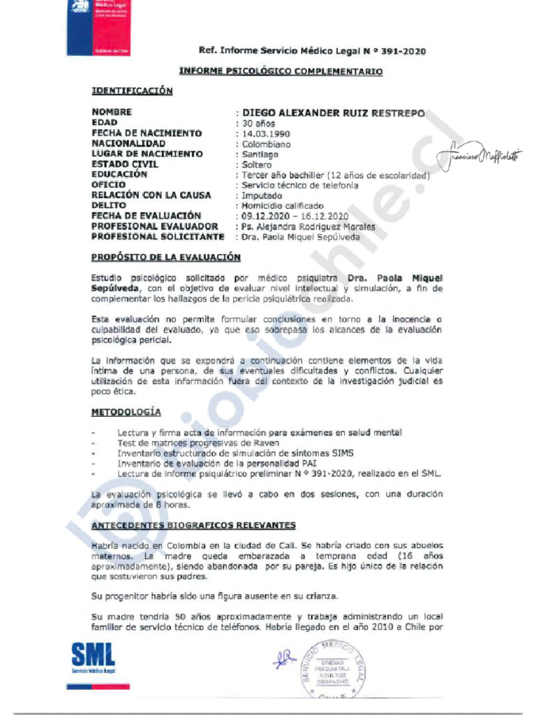 Peritaje Psicológico SML (Homicida Serial - +) | PDF