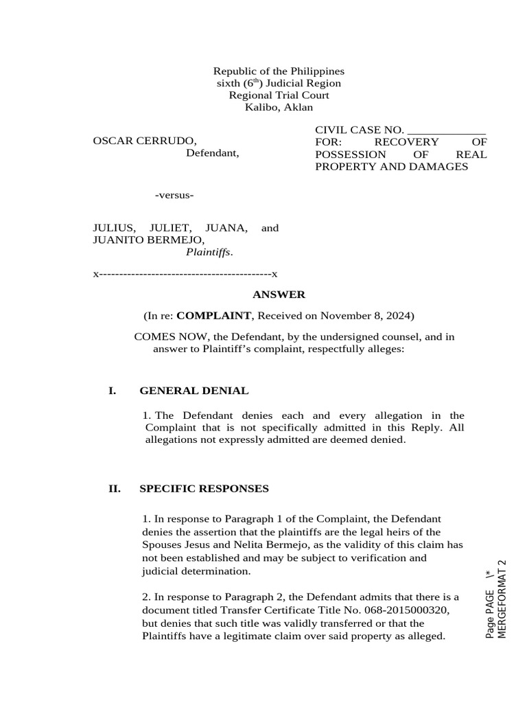 answer | PDF | Lawsuit | Estoppel